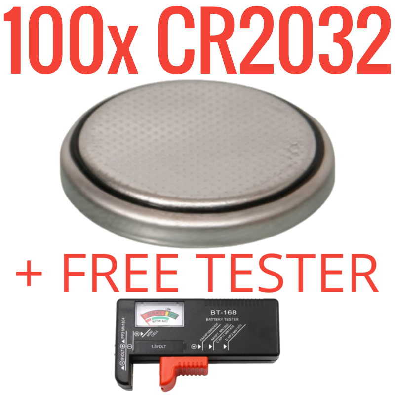100 Pack CR2032 Lithium Batteries Free Tester Battery Hookup