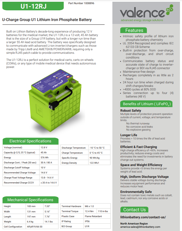 Valence U-Charge U1-12RJ LifePo4 Battery 12V 40Ah 512wh – Battery Hookup